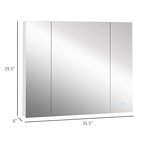 kleankin LED Medicine Cabinet, 35.5 x 29.5 Wall-Mounted Bathroom Vanity Mirror Organizer with Dimmer Touch Switch, Three Doors, and USB Charged, White