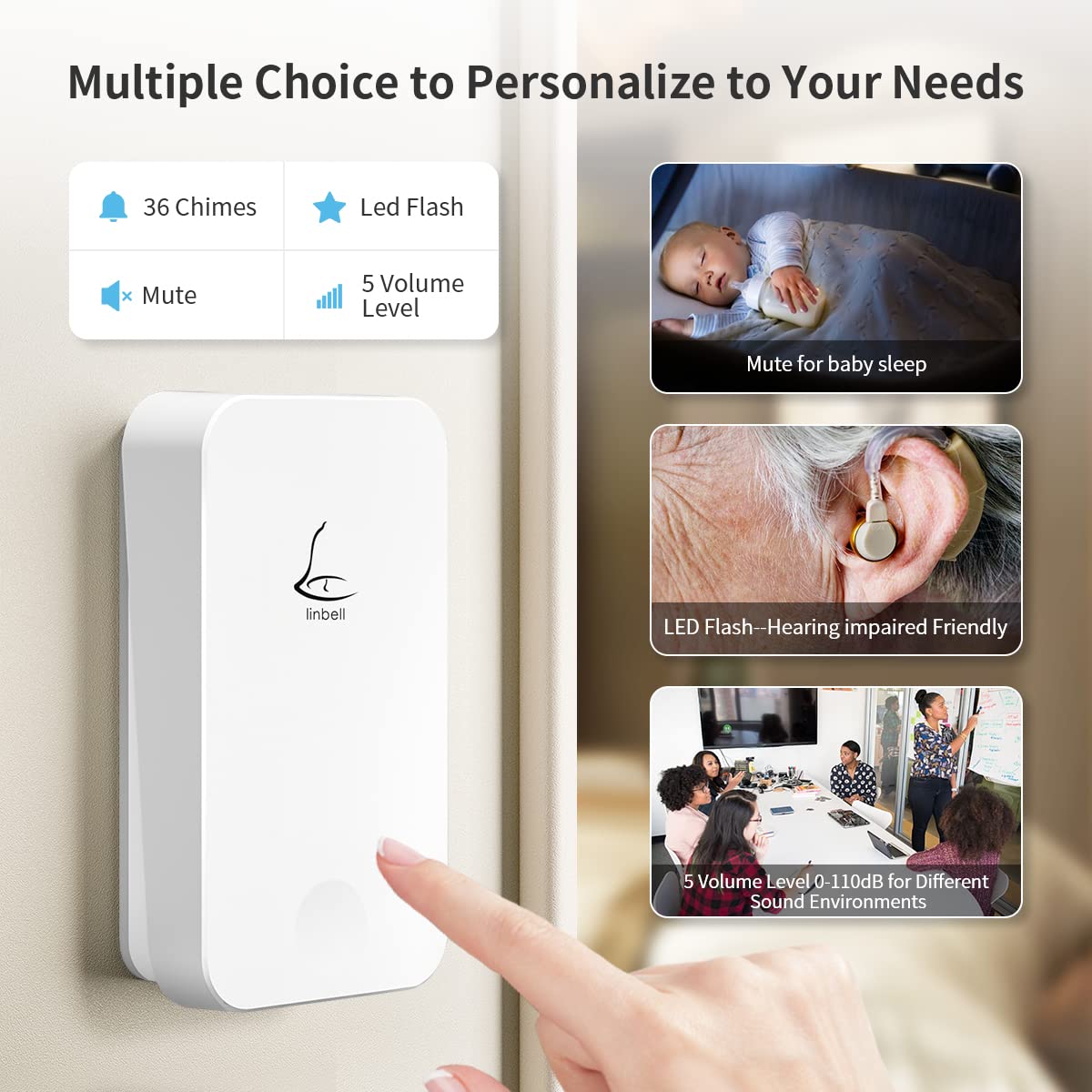 Door Bell Ringer Wireless, Batteryless Wireless Doorbell Loud Enough, Smart Remote Wireless Doorbells for Home Apartment Classroom Office, One Self-Powered Push Button & Two Plug in Receivers, White