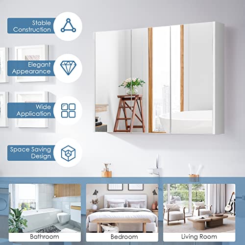 LOKO Large Bathroom Medicine Cabinet with Mirror, Wall Mounted Bathroom Cabinet with 3 Mirrored Doors & Adjustable Shelves, Triple Mirror Door Bathroom Wall Cabinet, 36 x 4.5 x 25.5 Inches