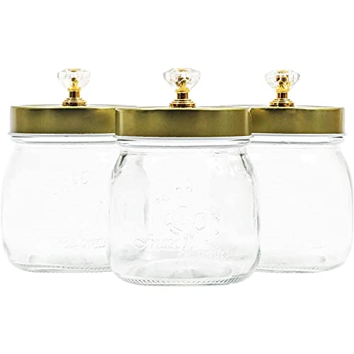 Glass Vanity Canisters with Gold Lids, Mason Jar Bathroom Set (3 Pack)