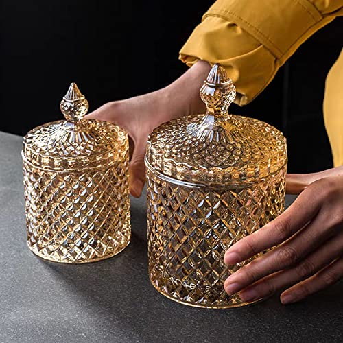 R FLORY 10+24 oz Glass Jars Set of 2 Bathroom Canisters Storage Organizer Cute Qtip Holder Vanity Canister with Lid Cotton Swabs Storage (Amber)