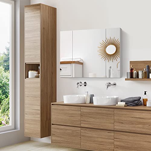 kleankin LED Medicine Cabinet, 35.5 x 29.5 Wall-Mounted Bathroom Vanity Mirror Organizer with Dimmer Touch Switch, Three Doors, and USB Charged, White