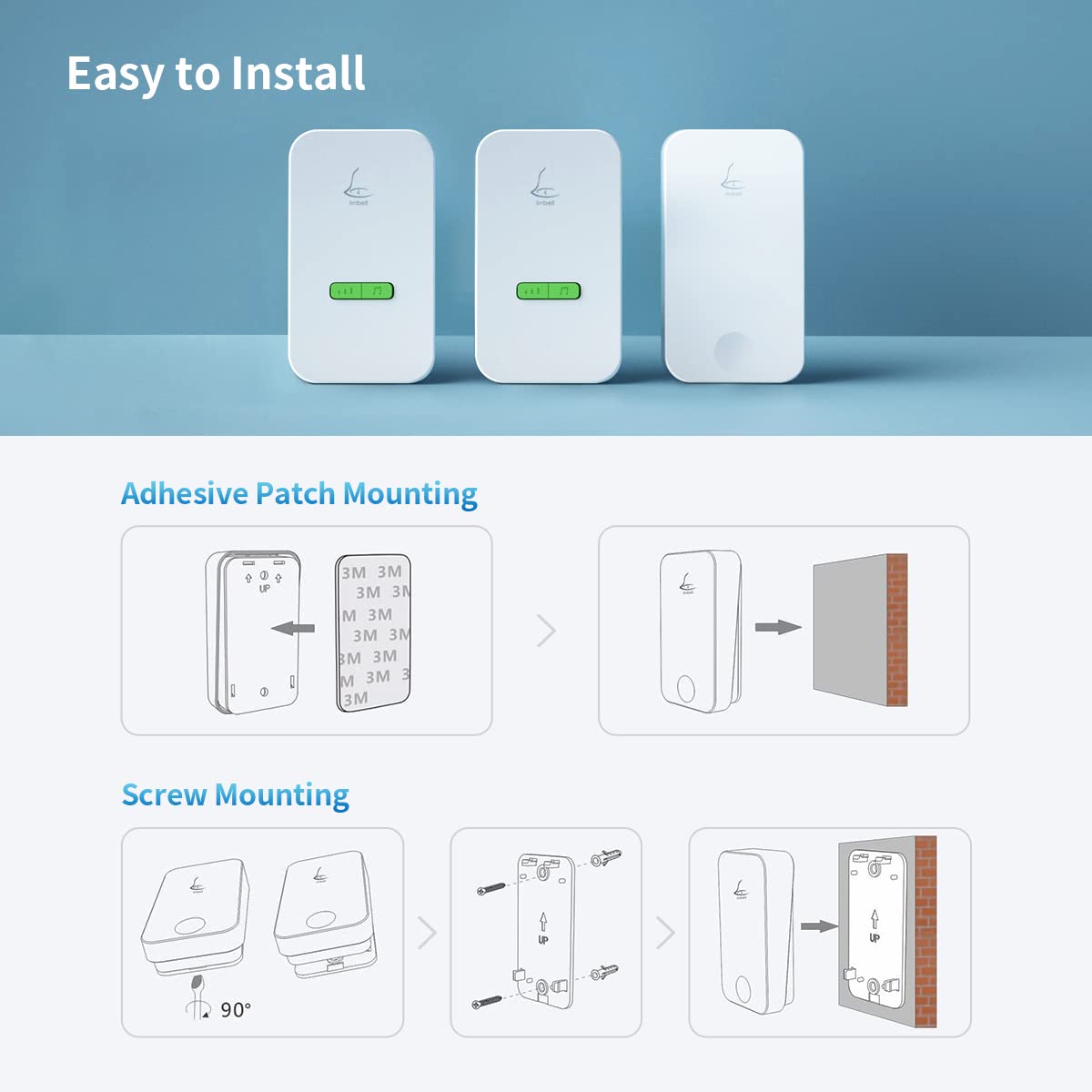 Door Bell Ringer Wireless, Batteryless Wireless Doorbell Loud Enough, Smart Remote Wireless Doorbells for Home Apartment Classroom Office, One Self-Powered Push Button & Two Plug in Receivers, White