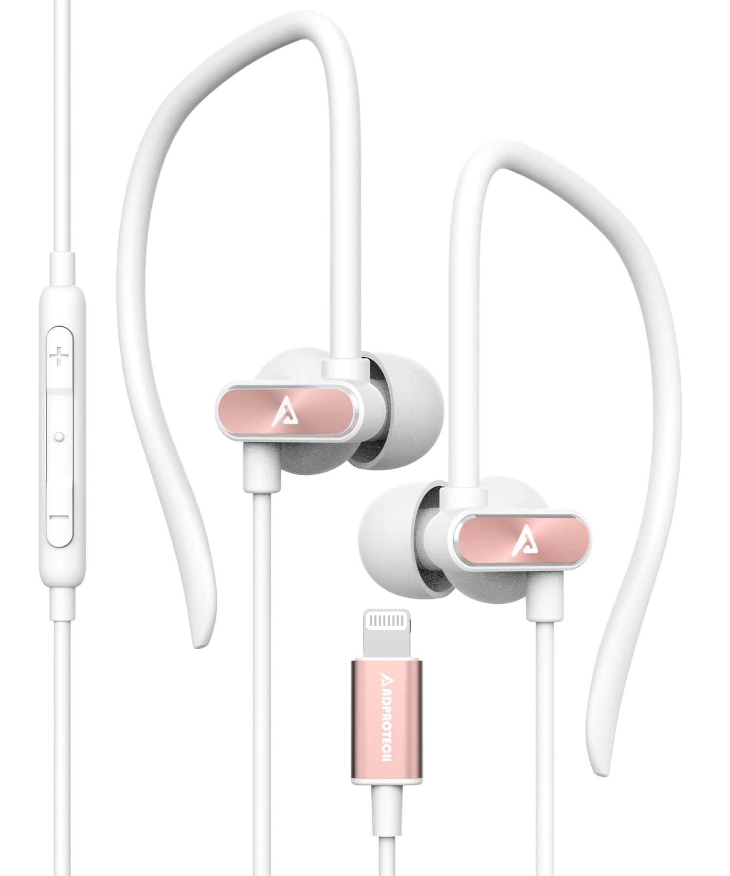 ADPROTECH Lightning Headphones iPhone Earbuds with Ear-Hook Sports Earphones for iPhone 14 13 12 11 Pro Max iPhone X XS Max XR MFi Certified with Mic Rose Gold