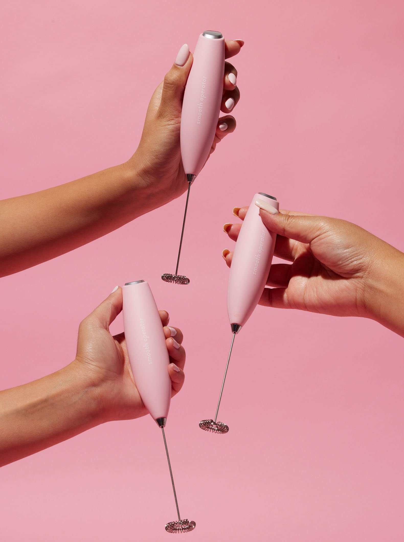 Smooth Operator Pink Handheld Electric Whisk, Milk Frother, Foam Maker for Protein, Coffee & More - Stainless Steel Stand Included
