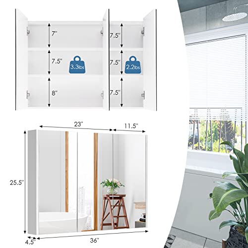 LOKO Large Bathroom Medicine Cabinet with Mirror, Wall Mounted Bathroom Cabinet with 3 Mirrored Doors & Adjustable Shelves, Triple Mirror Door Bathroom Wall Cabinet, 36 x 4.5 x 25.5 Inches