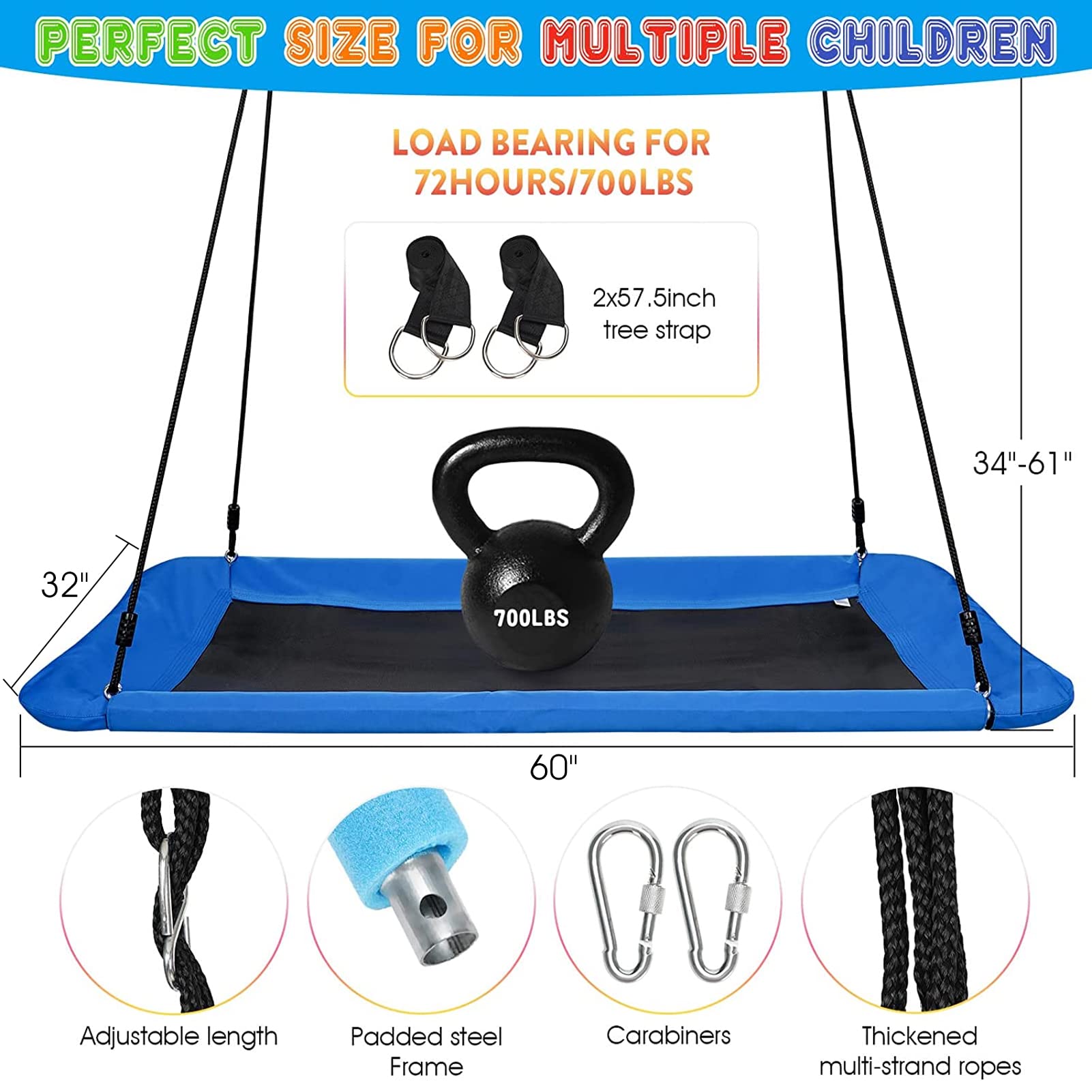 700lb Giant Platform Swing for Kids Adults with 2 Hanging Straps, Flying Saucer Tree Swing Set for Backyard Outdoor Indoor, Durable Steel Frame, Waterproof, Adjustable Swivel Ropes (Blue, Rectangle)