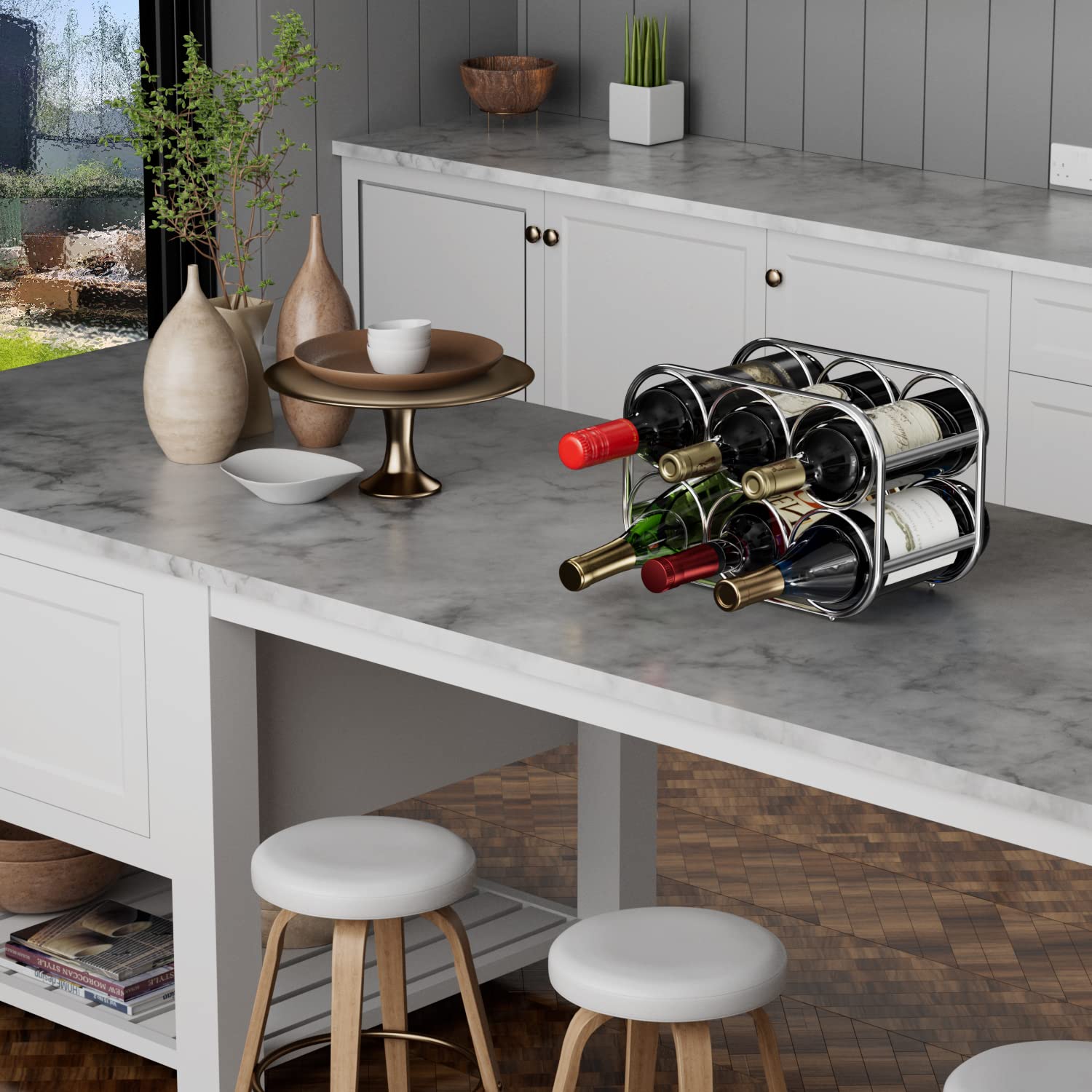 Buruis 6 Bottle Countertop Wine Rack - Freestanding Modern Metal Small Wine Rack - Tabletop Wine Holder Stand for Cabinet, Pantry, and Kitchen Decor - No Assembly Required - Silver