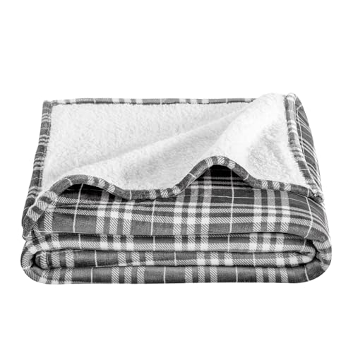 Bare Home Sherpa Fleece Blanket - Full/Queen Blanket - Blanket for Bed, Sofa, Couch, Camping and Travel - Warm & Lightweight - Fluffy & Soft - Reversible (Full/Queen, Stirling Plaid - Grey/White)