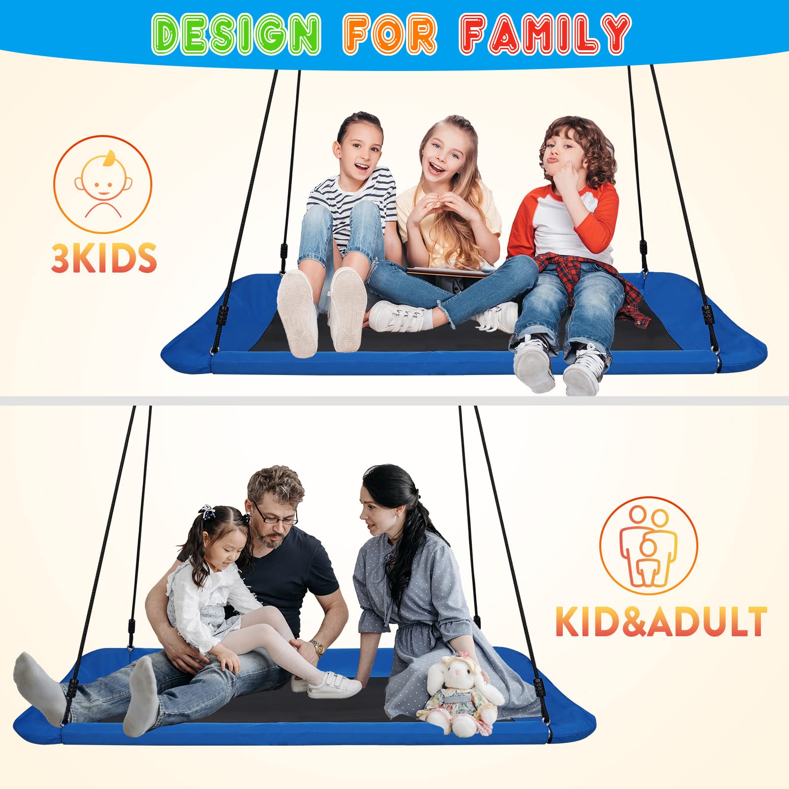 700lb Giant Platform Swing for Kids Adults with 2 Hanging Straps, Flying Saucer Tree Swing Set for Backyard Outdoor Indoor, Durable Steel Frame, Waterproof, Adjustable Swivel Ropes (Blue, Rectangle)