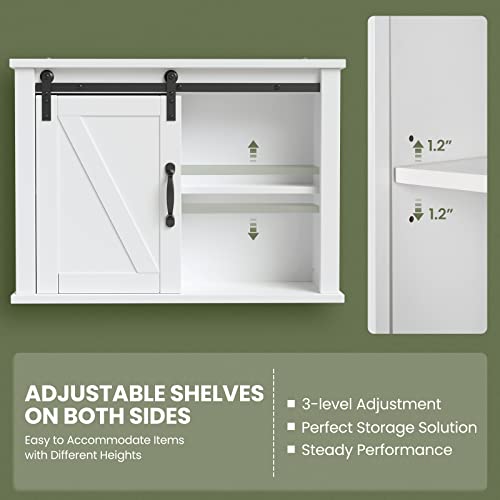LOKO Rustic Medicine Cabinet with Sliding Barn Door, Bathroom Cabinet Wall Mounted with Adjustable Shelves, Small Bathroom Wall Cabinet Over Toilet, 8 x 27.5 x 20 inches, White