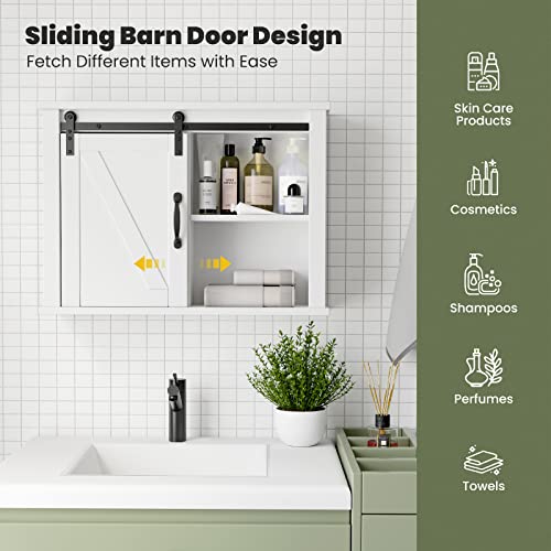LOKO Rustic Medicine Cabinet with Sliding Barn Door, Bathroom Cabinet Wall Mounted with Adjustable Shelves, Small Bathroom Wall Cabinet Over Toilet, 8 x 27.5 x 20 inches, White