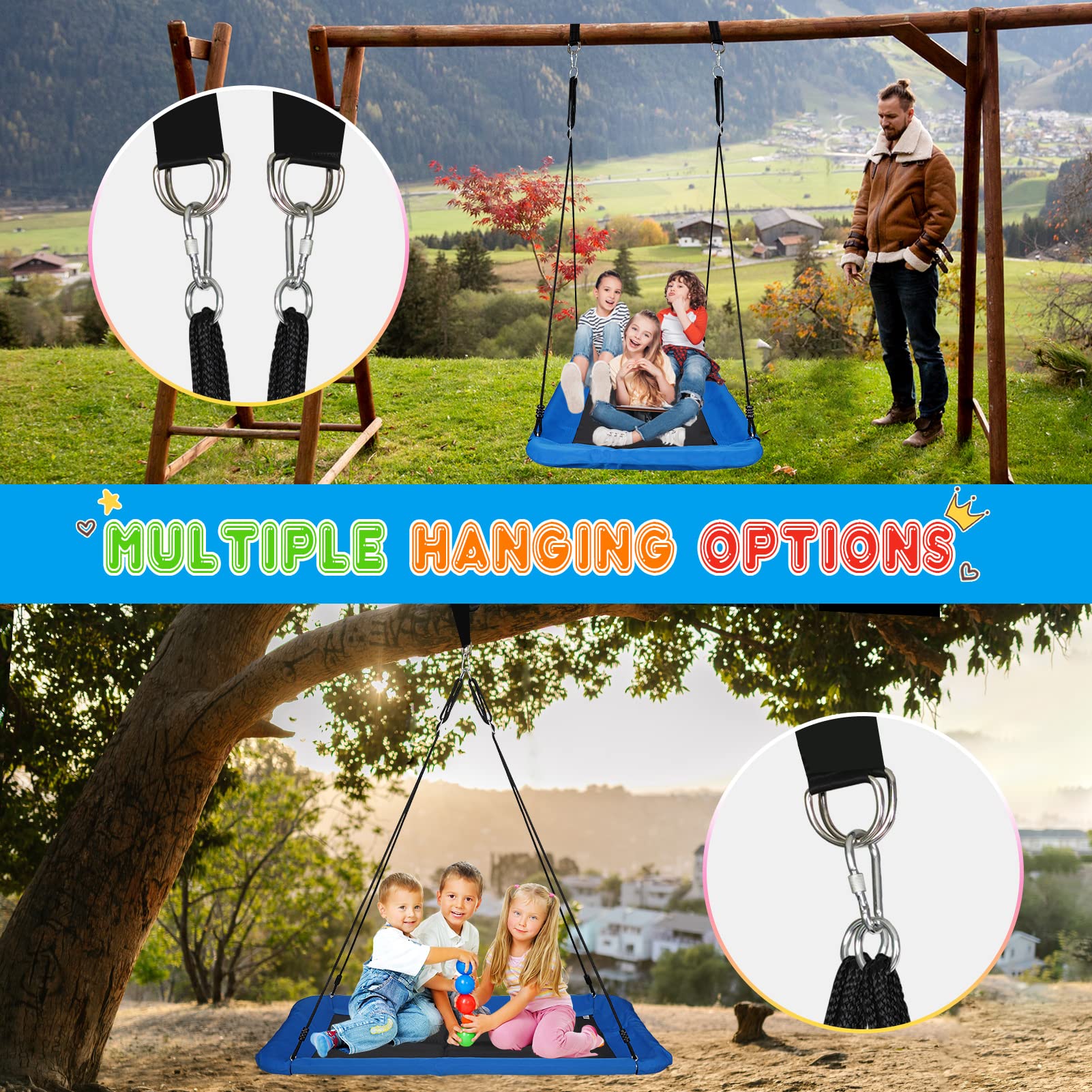 700lb Giant Platform Swing for Kids Adults with 2 Hanging Straps, Flying Saucer Tree Swing Set for Backyard Outdoor Indoor, Durable Steel Frame, Waterproof, Adjustable Swivel Ropes (Blue, Rectangle)