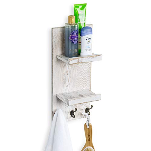 MyGift Wall Mounted White Washed Solid Wood Bathroom Shelf Rack with 2 Tier Shelves and 3 Dual Hooks, Wall Hanging Storage Display for Bath Supplies and Decor