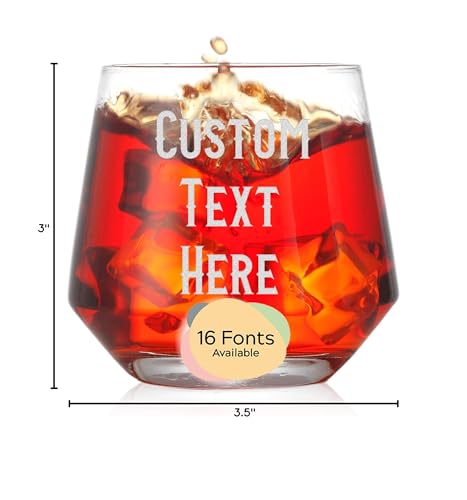 Personalized Whiskey Glass Engraved with Your Custom Text -12oz Customized Glass for Old Fashioned, Cocktails or Bourbon (13oz Whisky Rock)