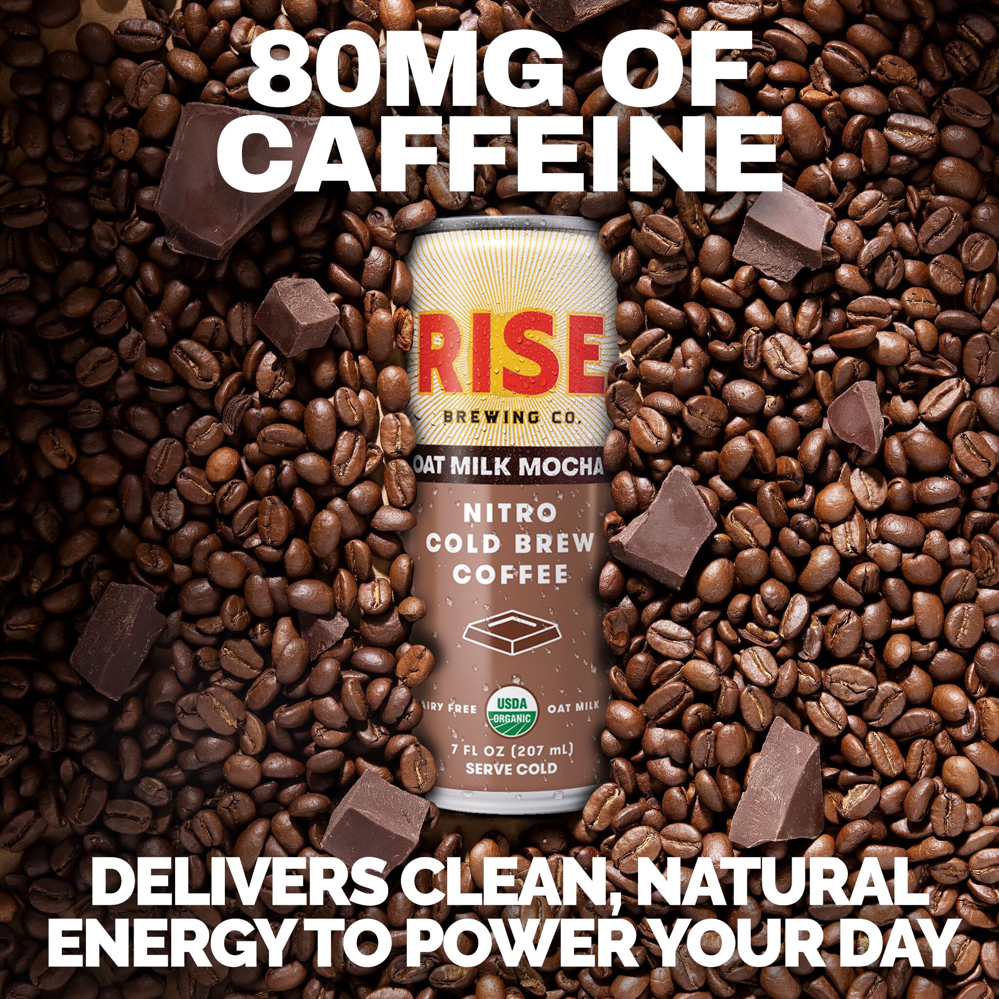 RISE Brewing Co. Oat Milk Mocha Nitro Cold Brew Coffee, No Sugar Added & No Dairy, Organic & Non-GMO, Low Acidity & Vegan, 7 Fl. Oz. Cans