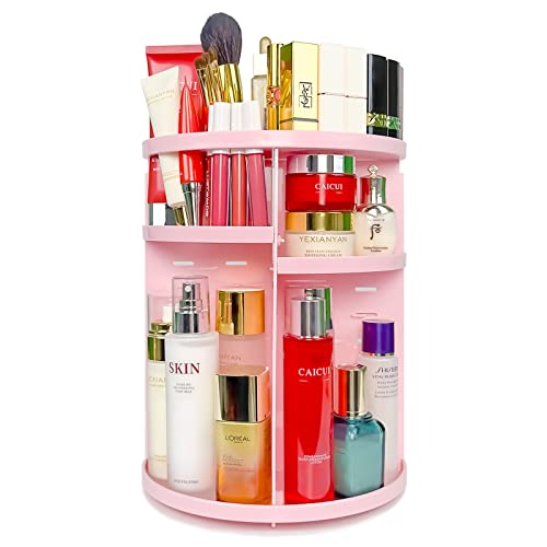 Artbisons Makeup Perfume Organizer, 360 Rotating Cosmetic Storage Make Up Organizers for Vanity Lotion Display Case Dresser Countertop Skincare Lazy Susan Organizer Pink