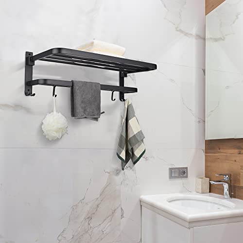 Yescom Foldable Towel Rack with Towel Hooks and Adjustable Towel Bar for Bathroom Wall Mounted 24 Inch 304 Stainless Steel Shelf Matt Black
