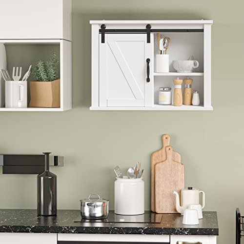 LOKO Rustic Medicine Cabinet with Sliding Barn Door, Bathroom Cabinet Wall Mounted with Adjustable Shelves, Small Bathroom Wall Cabinet Over Toilet, 8 x 27.5 x 20 inches, White