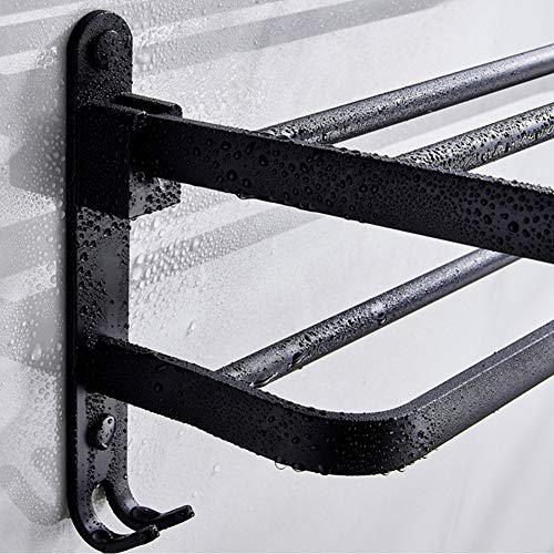 JRMM Towel Racks for Bathroom Wall Mounted Towel Shelf with Two Towel Bars and Hooks, Multifunction Foldable Double Towel Bars, No Rust, Aluminum, Matte Black22.6 inch