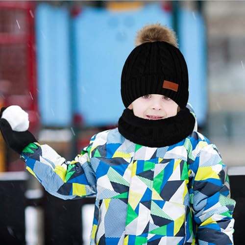 Kids Hat Scarf Gloves Set, Kids Winter Beanie Hat Scarf Gloves Set with Knit Thick Warm Fleece Lined for 3-6 Years Old