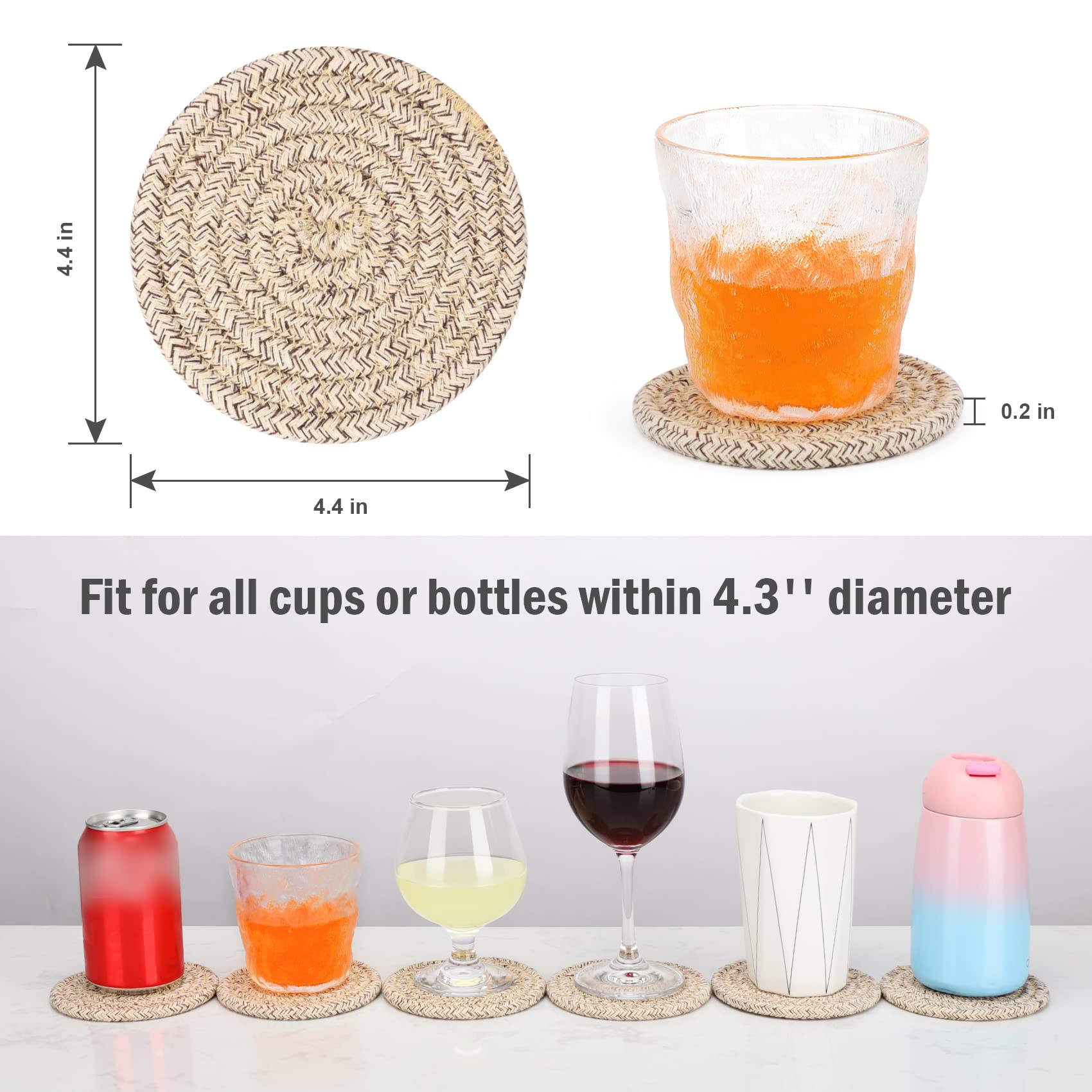 ABenkle 6 Pcs Coasters for Drinks,Super Absorbent Drink Coasters, Stylish Handmade Round Woven Coaster for Coffee Table Tabletop Protection Housewarming Gift for Home Decor - 4.3 Inches, Mixed Brown