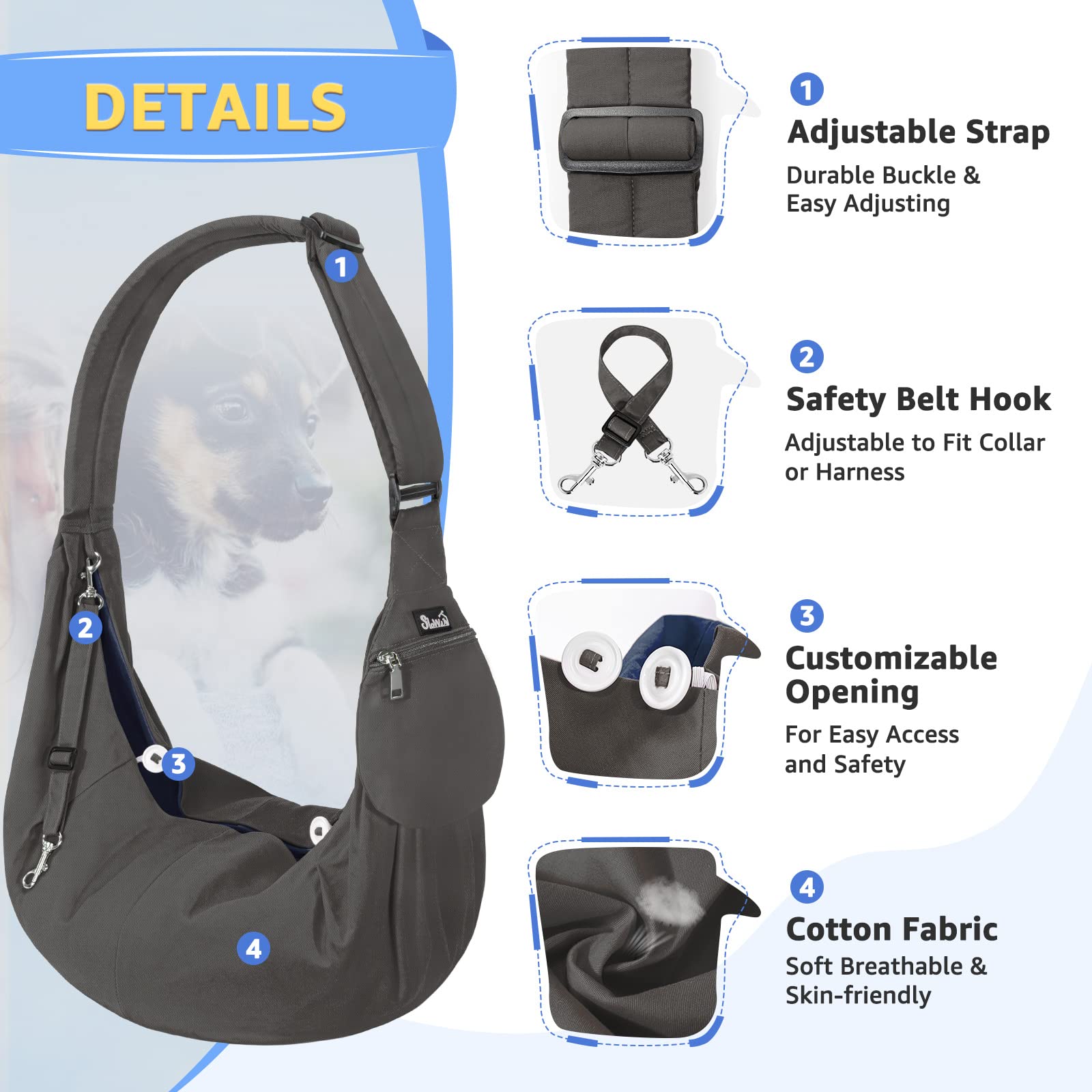 SlowTon Dog Carrier Sling - Thick Padded Adjustable Shoulder Strap Dog Carriers for Small Dogs, Puppy Carrier Purse for Pet Cat with Front Zipper Pocket Safety Belt Machine Washable (Grey L)
