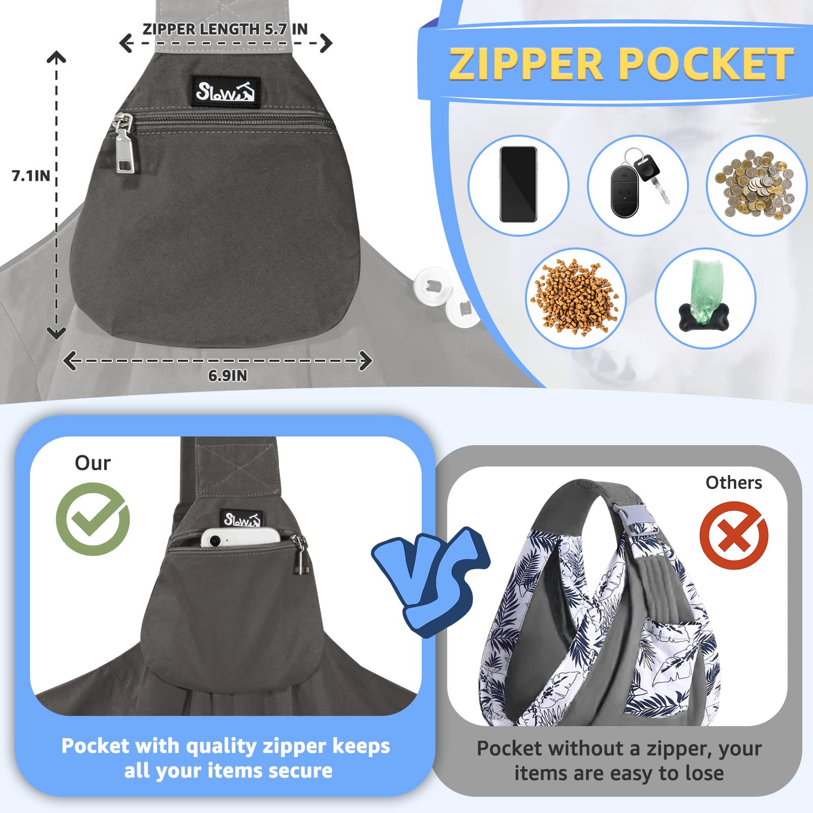 SlowTon Dog Carrier Sling - Thick Padded Adjustable Shoulder Strap Dog Carriers for Small Dogs, Puppy Carrier Purse for Pet Cat with Front Zipper Pocket Safety Belt Machine Washable (Grey L)