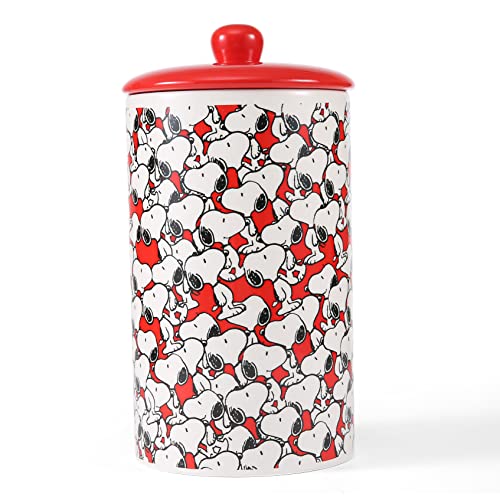 Peanuts for Pets Snoopy Dog Treat Jar | 10 x 5 Snoopy Repeating Pattern Ceramic Dog Treat Jar with Lid, Dishwasher Safe Red and White Dog Food Storage Cylinder, (FF17834)
