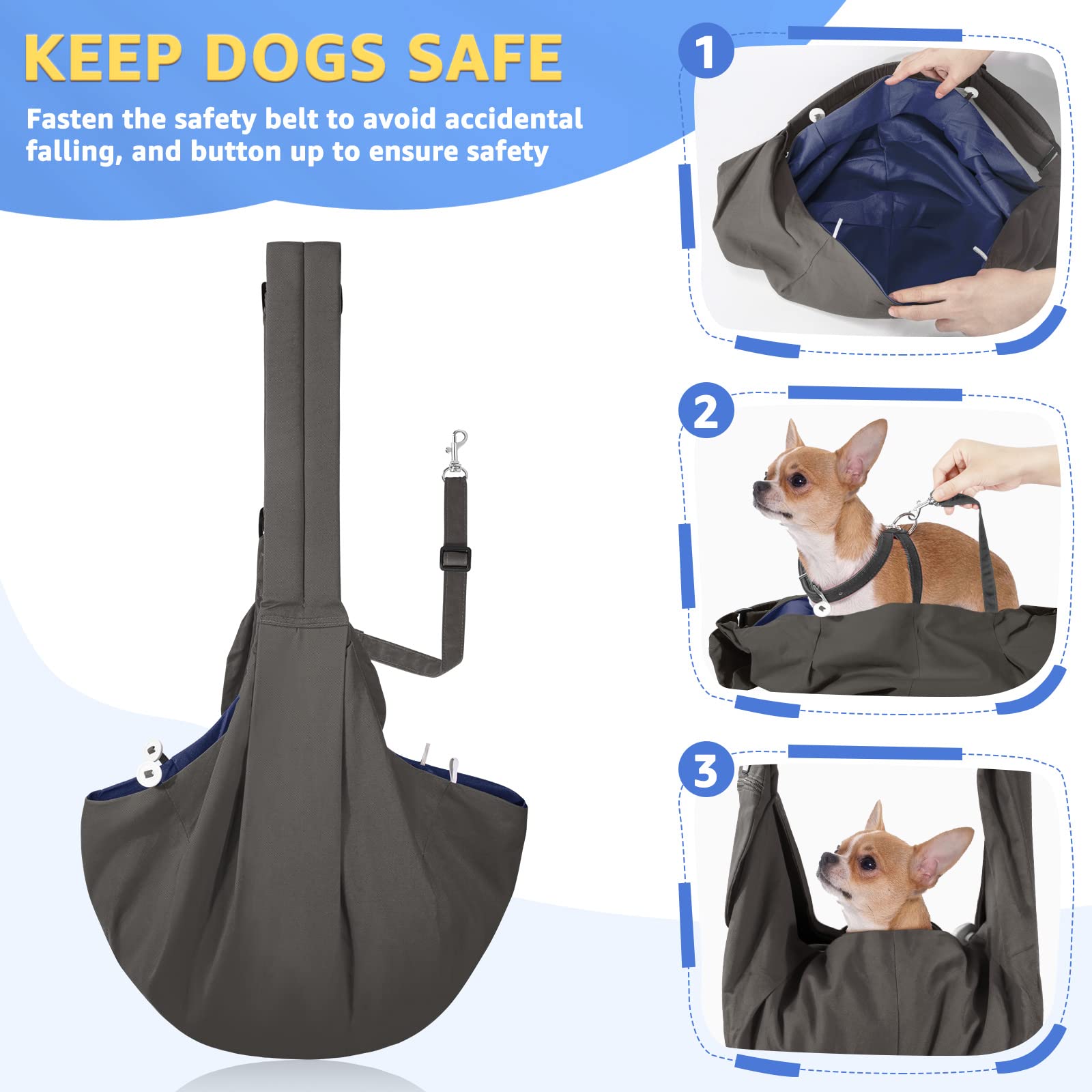SlowTon Dog Carrier Sling - Thick Padded Adjustable Shoulder Strap Dog Carriers for Small Dogs, Puppy Carrier Purse for Pet Cat with Front Zipper Pocket Safety Belt Machine Washable (Grey L)