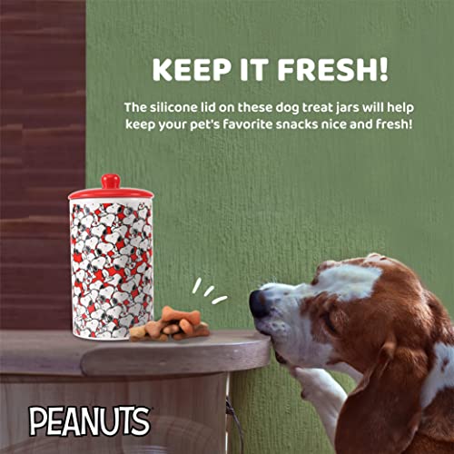 Peanuts for Pets Snoopy Dog Treat Jar | 10 x 5 Snoopy Repeating Pattern Ceramic Dog Treat Jar with Lid, Dishwasher Safe Red and White Dog Food Storage Cylinder, (FF17834)