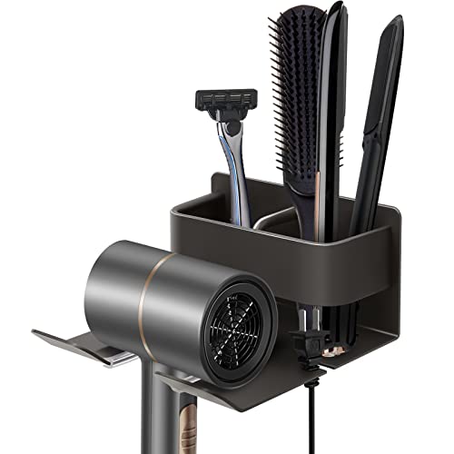 DAZUINIAO Hair Dryer Holder Wall Mounted Self Adhesive Blow Dryer Holder Rack with Plug Hook Aluminum Alloy Bathroom Hair Tool Organizer Compatible with Most Hair Dryers Gray