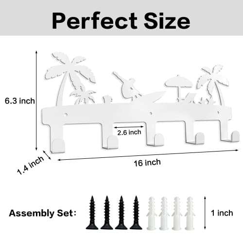 Pool Beach Towel Rack for Bathroom Wall Mount Towel Holder White Metal Towel Racks Rustproof and Waterproof Robes Coat Holder Bedroom Hanger Wall-Mounted-5 Hooks 16 Inch