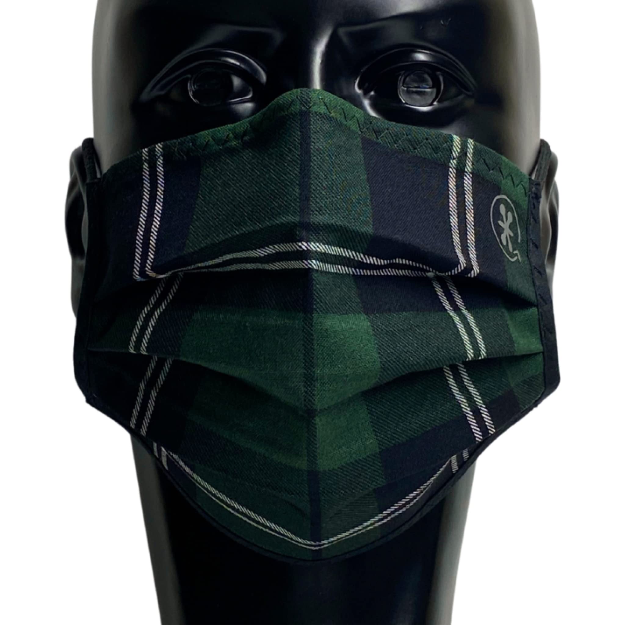 JaxMask® | Hunter Green & Black Christmas Holiday Plaid Cloth Face Mask | Tartan Buffalo Check 2 Layer Pleated Washable & Reusable With Nose Wire | 'SilentNight Collection' (Green Plaid)