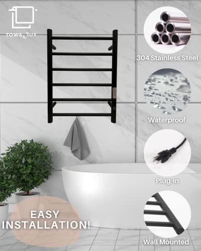 TOWELLUX Heated Towel Rack for Bathroom, Wall Mounted Hot Towel Warmer, Electric Wire Plug Drying Rack, Stainless Steel Towel Rack with Timer, 6 Bars Matte Black Brushed, Spa Accessories for Towels