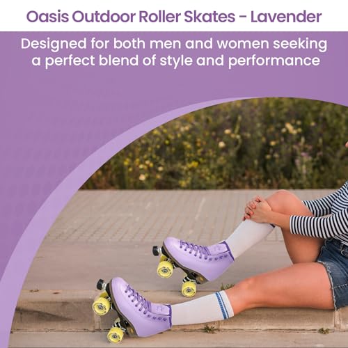 Sure-Grip Oasis Outdoor Roller Skates for Men & Women | High Rebound Soft 57mm 82A Urethane Wheels & ABEC 3 Bearings | Nylon Sole with Strong Trucks - Lace Up Facility - Made in USA (Lavender Color)