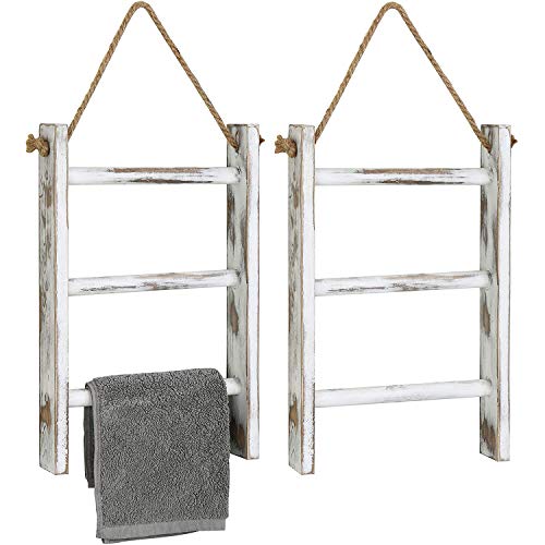 MyGift 3-Tier Wall Hanging Towel Ladder - Farmhouse Whitewashed Wood Mini Hand Towel Rack with Top Rope, Set of 2