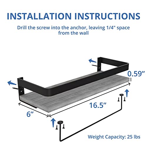 Halter Bathroom Shelf with Towel Bar, Wall Mounted Floating Shelves with Bar and Metal Towel Rod for Bathroom and Kitchen, Wooden Bathroom Shelves, Floating Bar Shelves, Grey