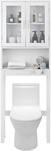 WATERJOY Over The Toilet Storage Cabinet, Bathroom Cabinet Organizer with 2 Moru Tempered Glass Door, Space-Saving Toilet Shelf, White