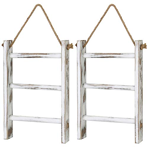 MyGift 3-Tier Wall Hanging Towel Ladder - Farmhouse Whitewashed Wood Mini Hand Towel Rack with Top Rope, Set of 2