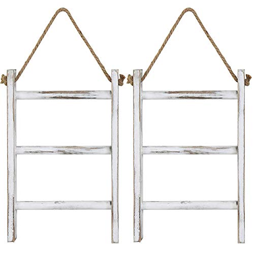 MyGift 3-Tier Wall Hanging Towel Ladder - Farmhouse Whitewashed Wood Mini Hand Towel Rack with Top Rope, Set of 2