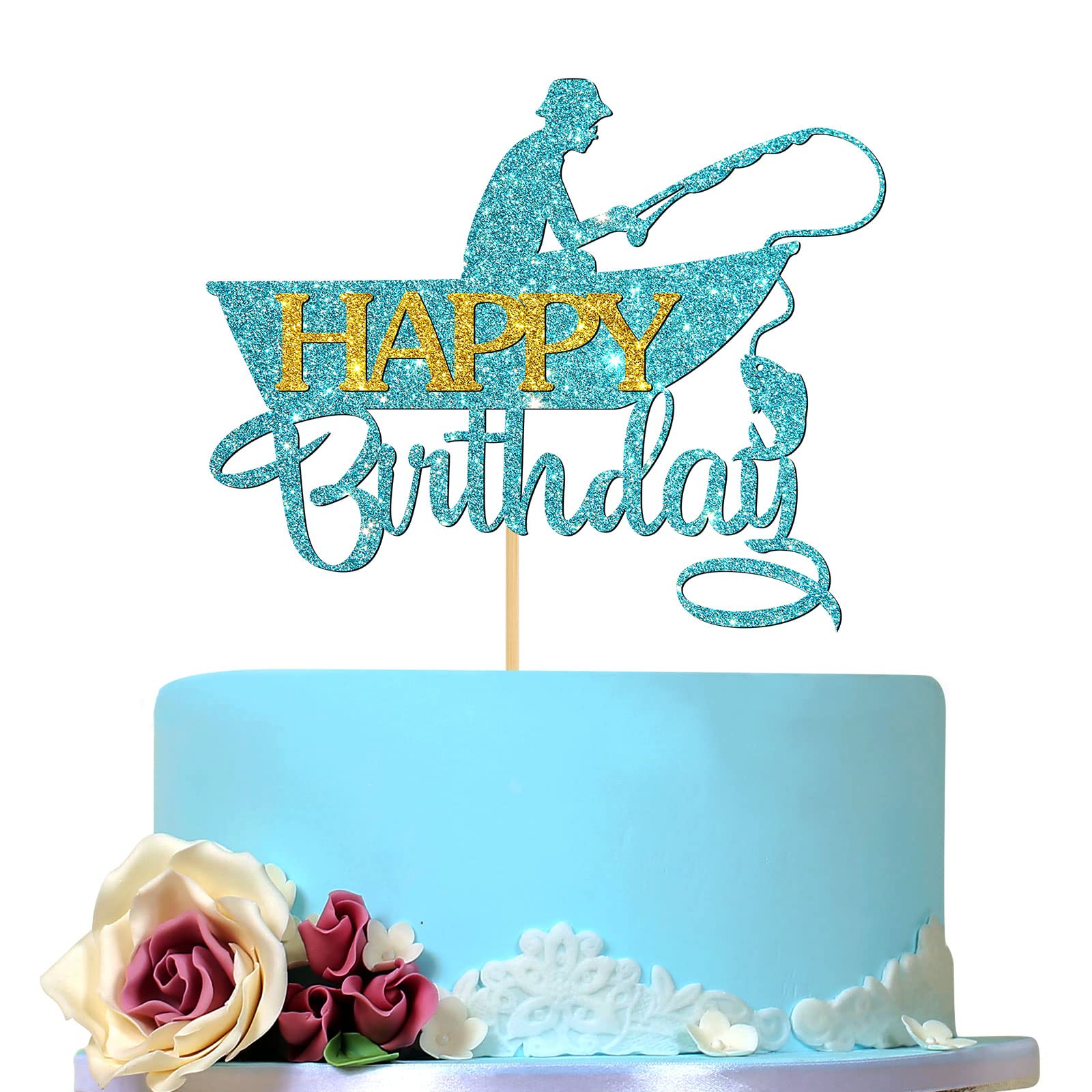 Fisherman Happy Birthday Cake Topper, Glitter Happy 30th 40th 45th 50th 60th 70th Birthday Cake Decoration, Funny Fishing Fisherman Theme Party Supplies - Sky Blue&Golden