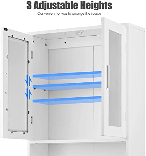 WATERJOY Over The Toilet Storage Cabinet, Bathroom Cabinet Organizer with 2 Moru Tempered Glass Door, Space-Saving Toilet Shelf, White
