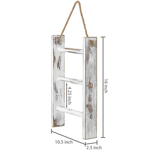 MyGift 3-Tier Wall Hanging Towel Ladder - Farmhouse Whitewashed Wood Mini Hand Towel Rack with Top Rope, Set of 2