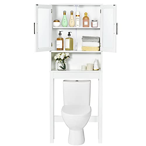 WATERJOY Over The Toilet Storage Cabinet, Bathroom Cabinet Organizer with 2 Moru Tempered Glass Door, Space-Saving Toilet Shelf, White