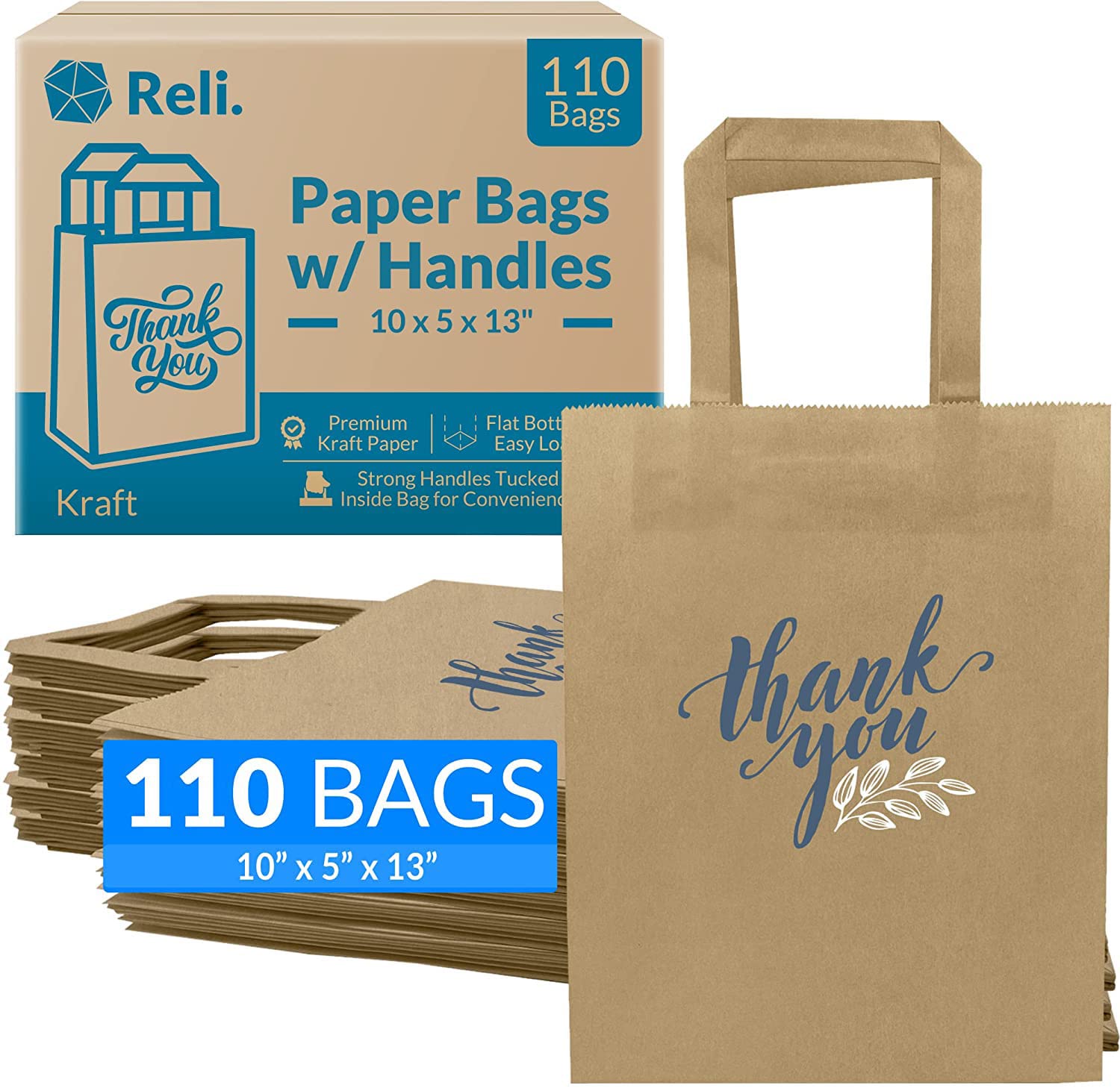 Reli. 110 Pack | 10"x5"x13" | Paper Thank You Bags w/Handles | Brown Paper Bags, Printed | Small Thank You Giftbag for Guests | Gifts, Wedding, Merchandise, Small Business