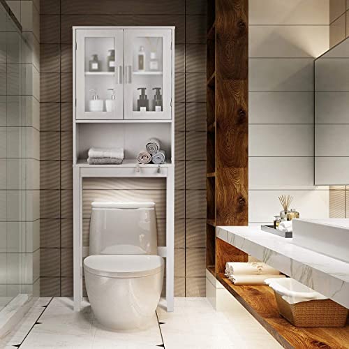 WATERJOY Over The Toilet Storage Cabinet, Bathroom Cabinet Organizer with 2 Moru Tempered Glass Door, Space-Saving Toilet Shelf, White