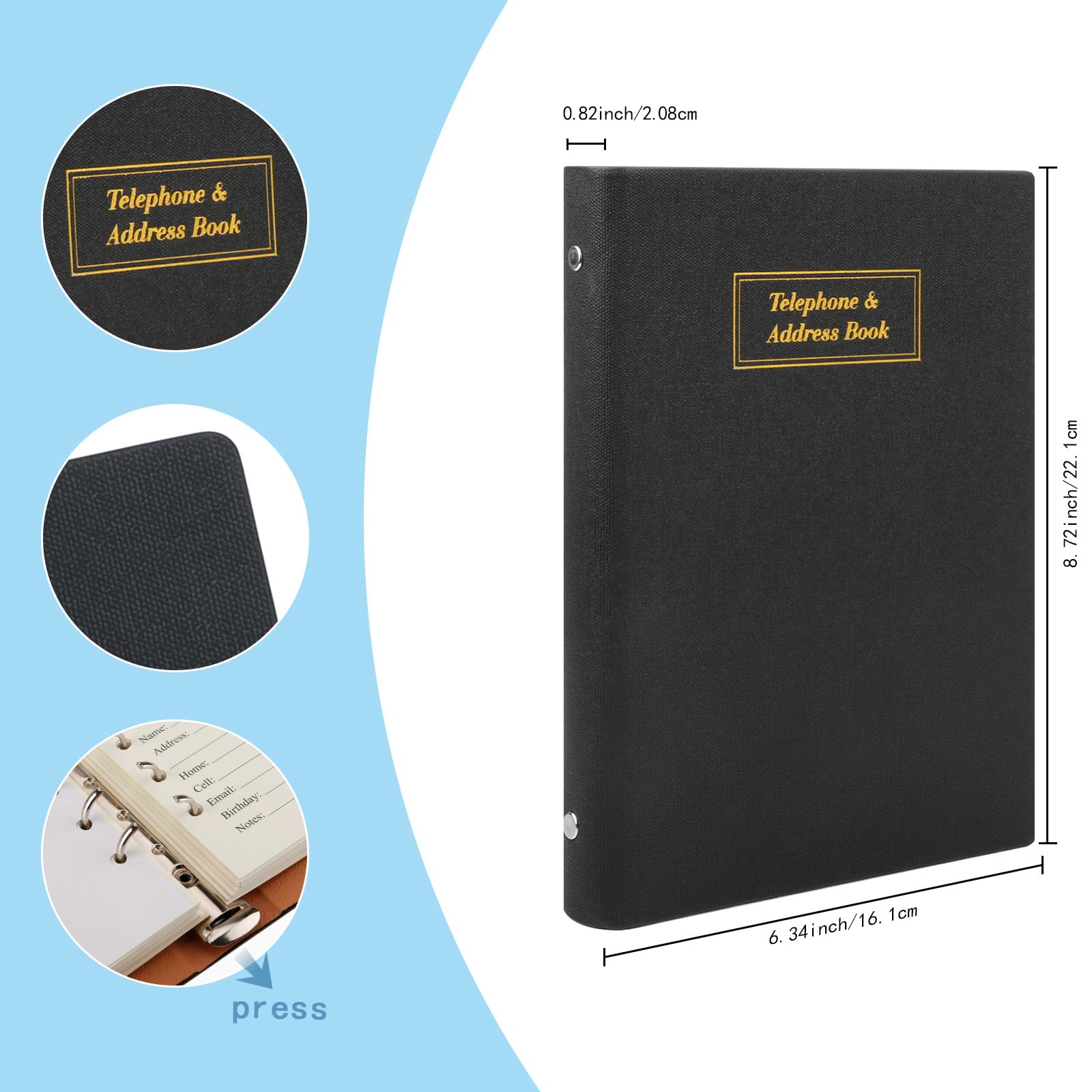 Refillable Address Book with Alphabetical Tabs, w/Pockets, 648 Large Print Telephone Birthday Email PU Leather Hardcover Durable for Women Men Seniors Home Office, 236Pages, A5, Black