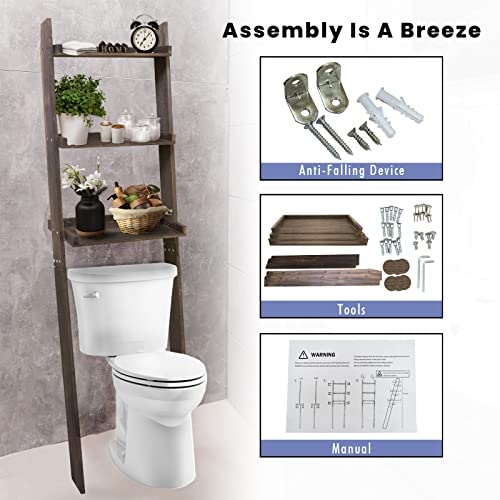 Eelexa Over The Toilet Storage Ladder Shelf 3 Tier Wooden Over Toilet Bathroom Organizer Rack for Small Space, Bathroom, Restroom, 70 Inch Tall, Dark Brown
