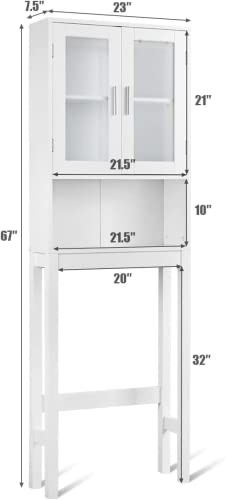 WATERJOY Over The Toilet Storage Cabinet, Bathroom Cabinet Organizer with 2 Moru Tempered Glass Door, Space-Saving Toilet Shelf, White